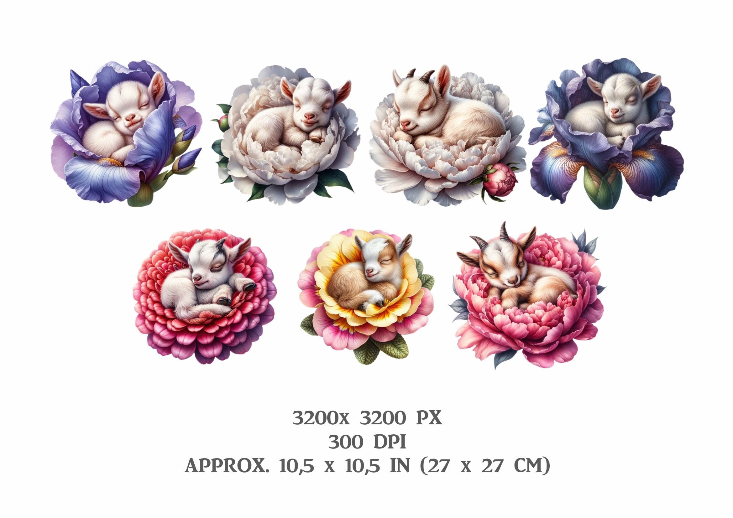 15 Watercolor Goats in Flowers Pack, Cute Floral Kid Goatling PNG Clip ...