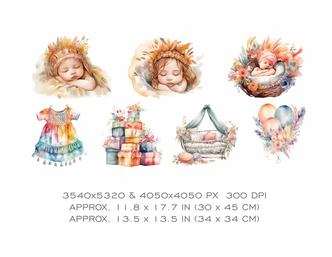 37 Watercolor Baby Shower Clipart Rainbow Boho Bundle Digital - Etsy