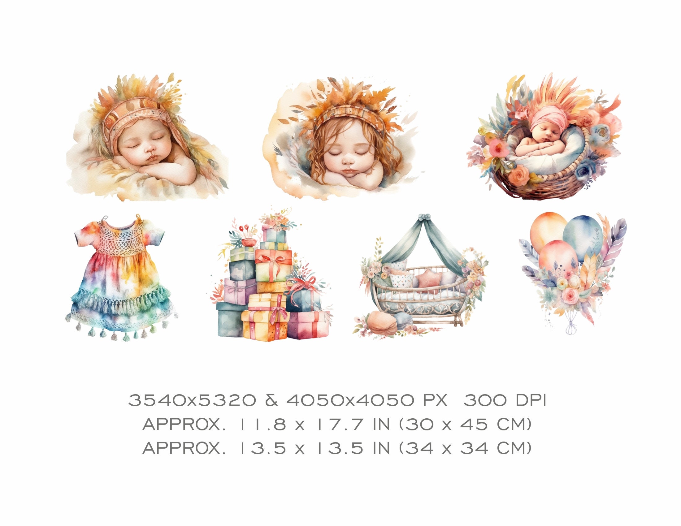 37 Watercolor Baby Shower Clipart Rainbow Boho Bundle Digital - Etsy