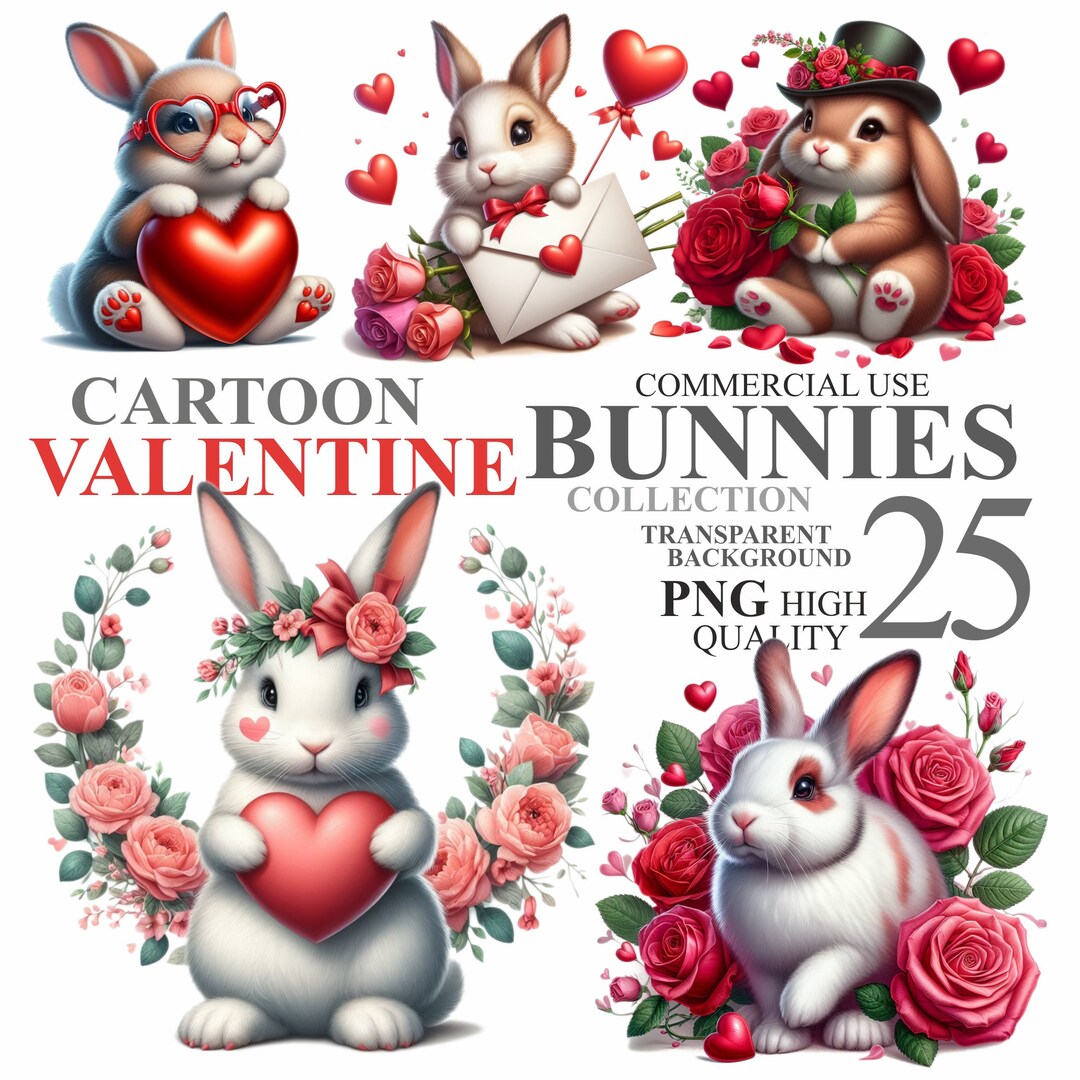 25 Watercolor Valentine Bunnies Pack, February 14th Cute Rabbits Clip ...