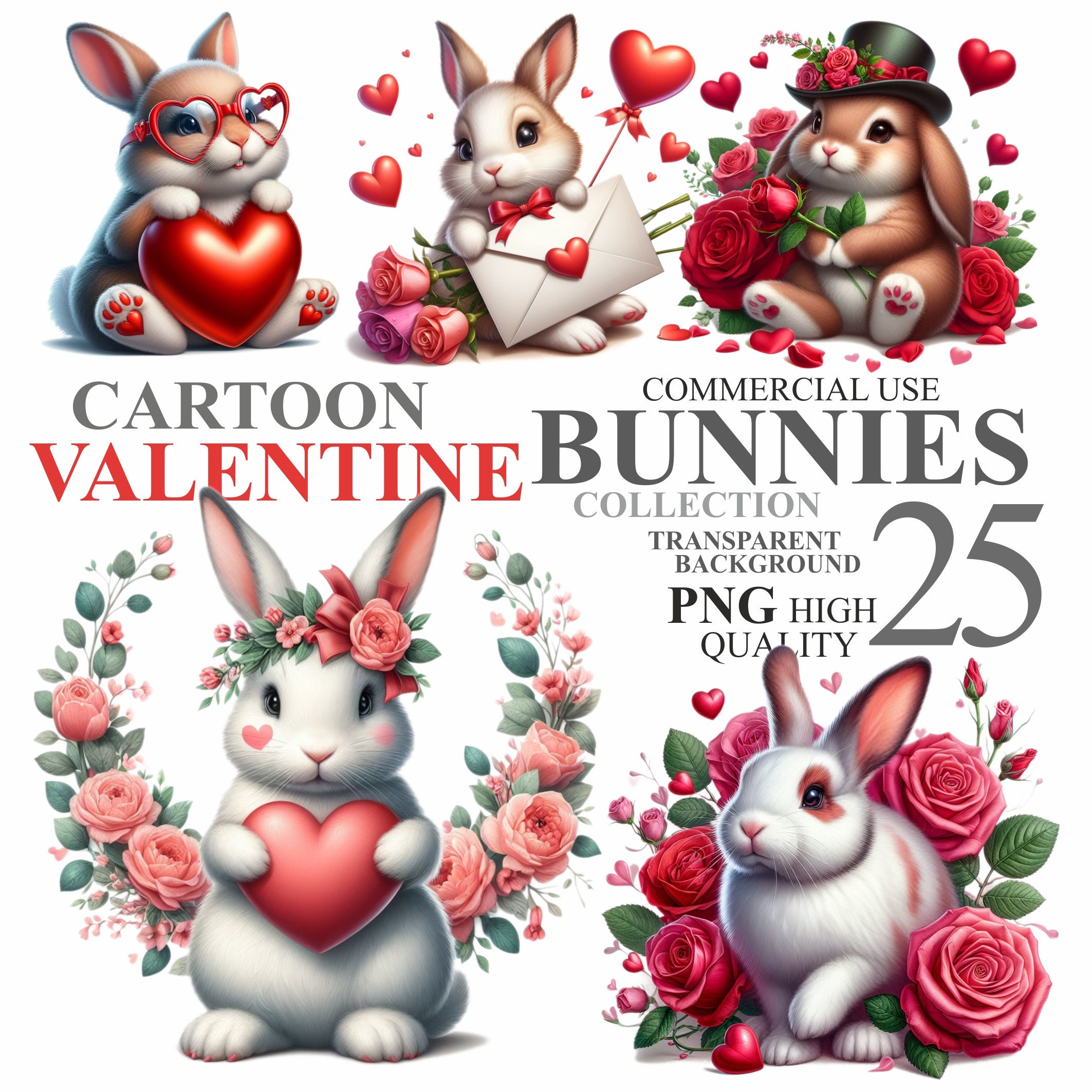 25 Watercolor Valentine Bunnies Pack, February 14th Cute Rabbits Clip ...