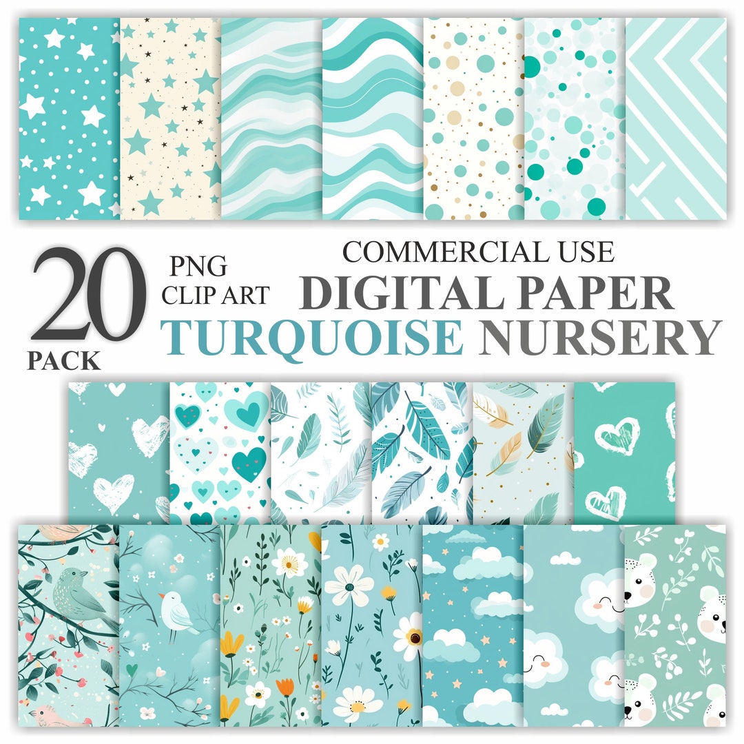 20 Turquoise Nursery Digital Paper Bundle Pack, Teddy Bear Seamless ...