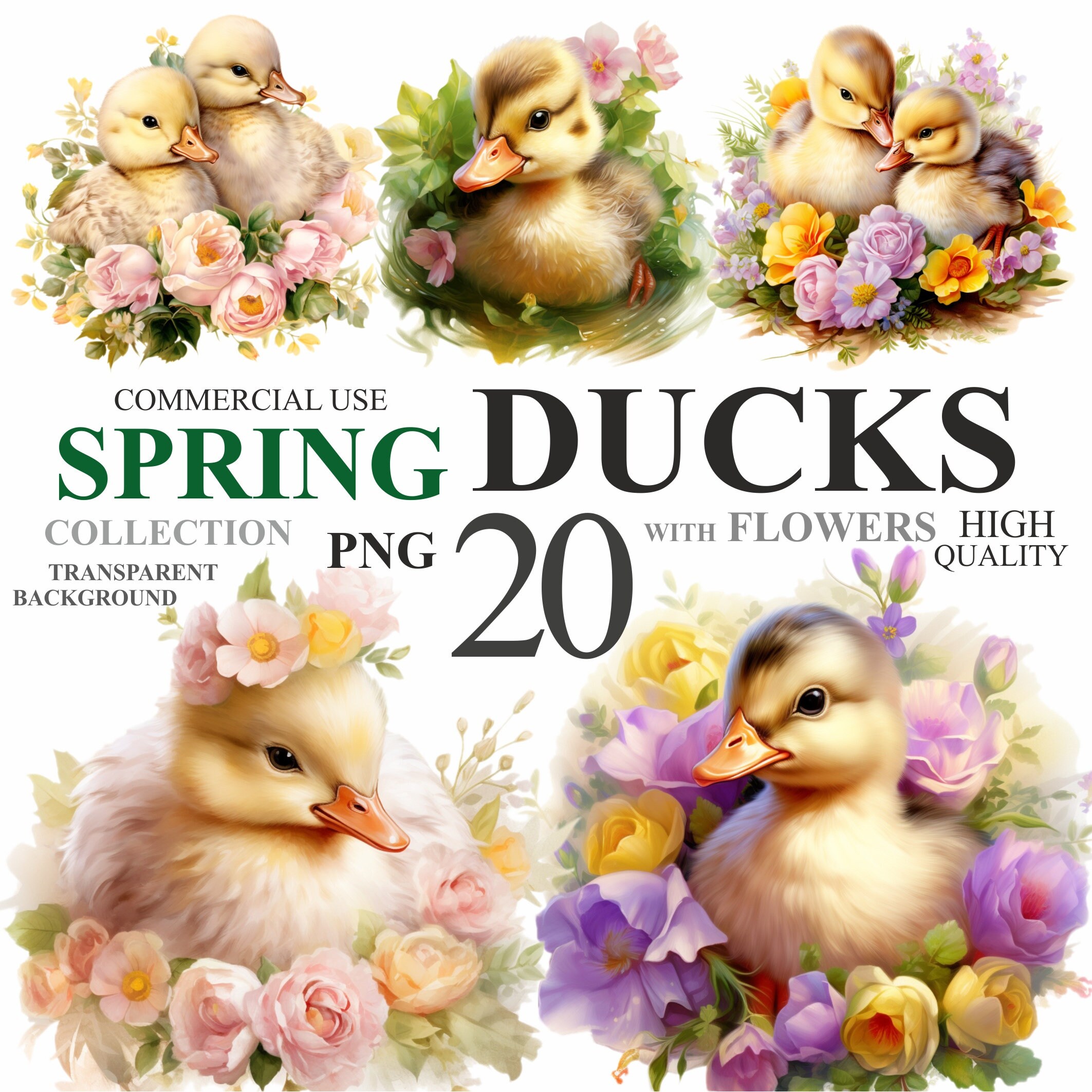 20 Spring Ducks With Flowers Pack, Watercolor Cute Animals PNG Art ...