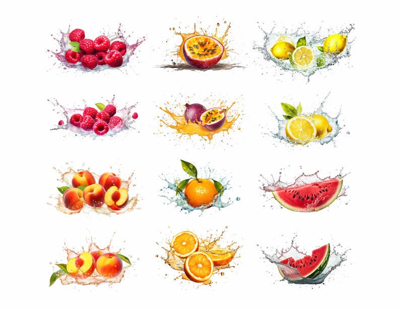 28 Fresh Summer Fruits Clipart, Fruit in Water Splash PNG Digital ...