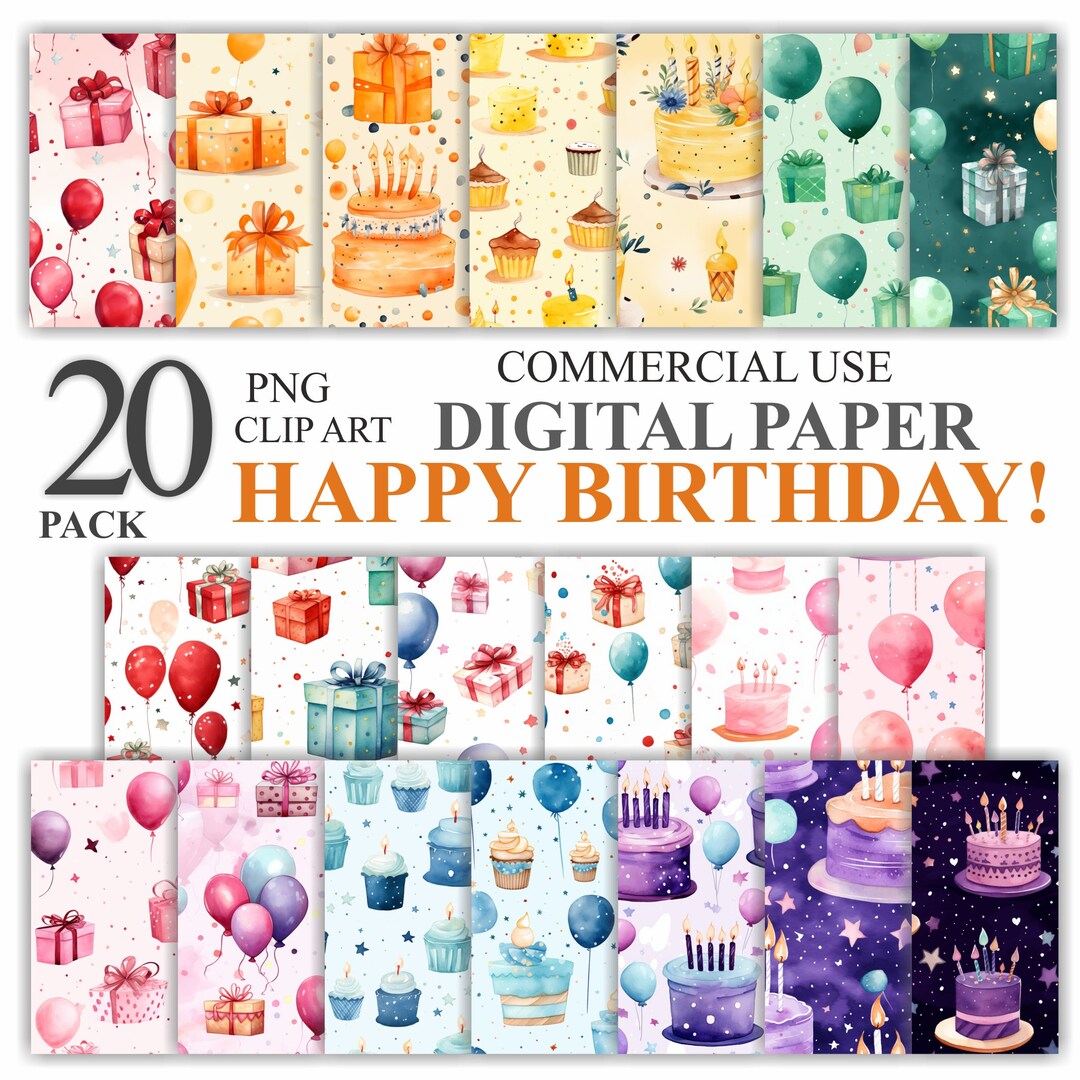 20 Happy Birthday Digital Paper Bundle Pack, Festive Seamless Pattern ...