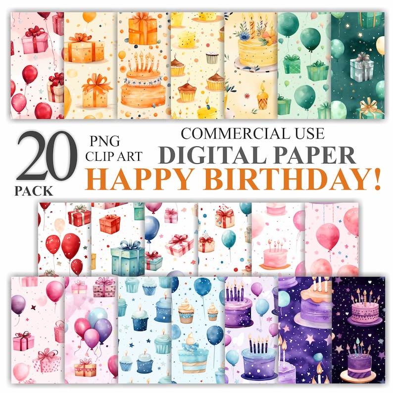 20 Happy Birthday Digital Paper Bundle Pack, Festive Seamless Pattern ...