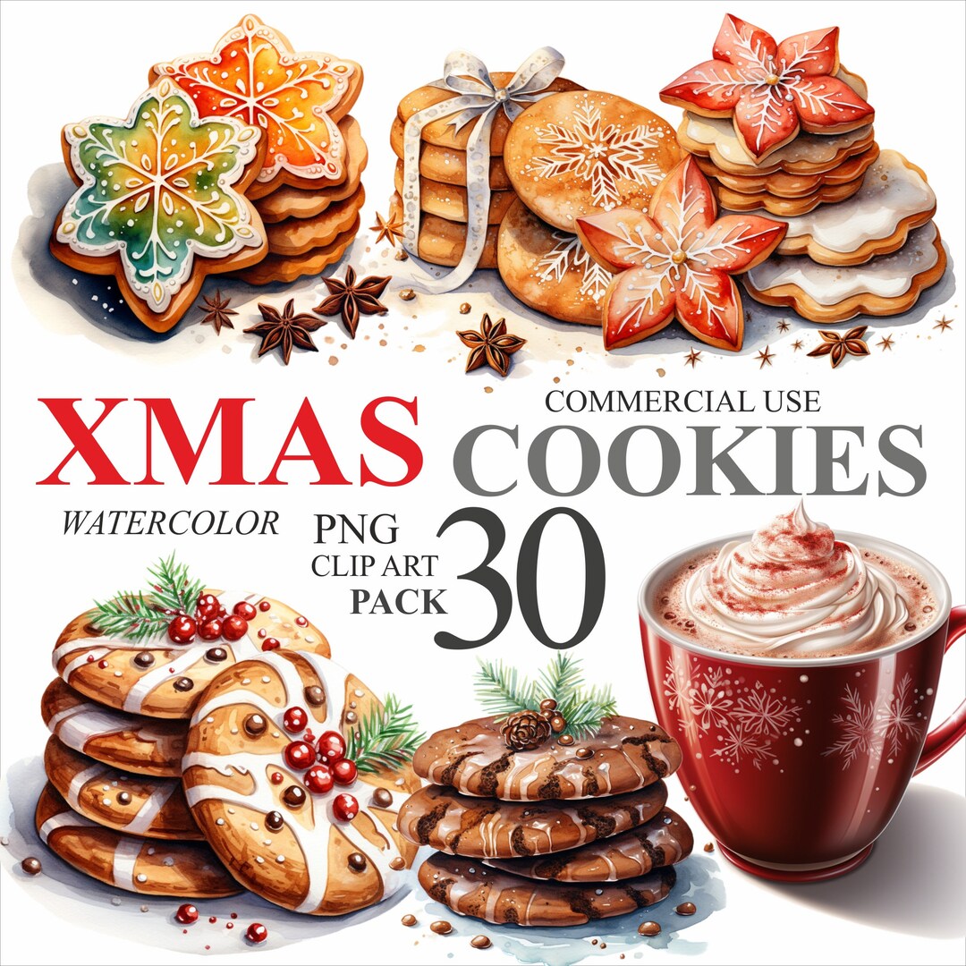 30 Christmas Cookies Winter Clipart, Watercolor Xmas Gingerbread Cookie ...
