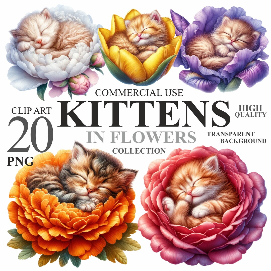 20 Watercolor Kittens in Flowers Pack, Cute Floral Little Cat PNG Clip ...