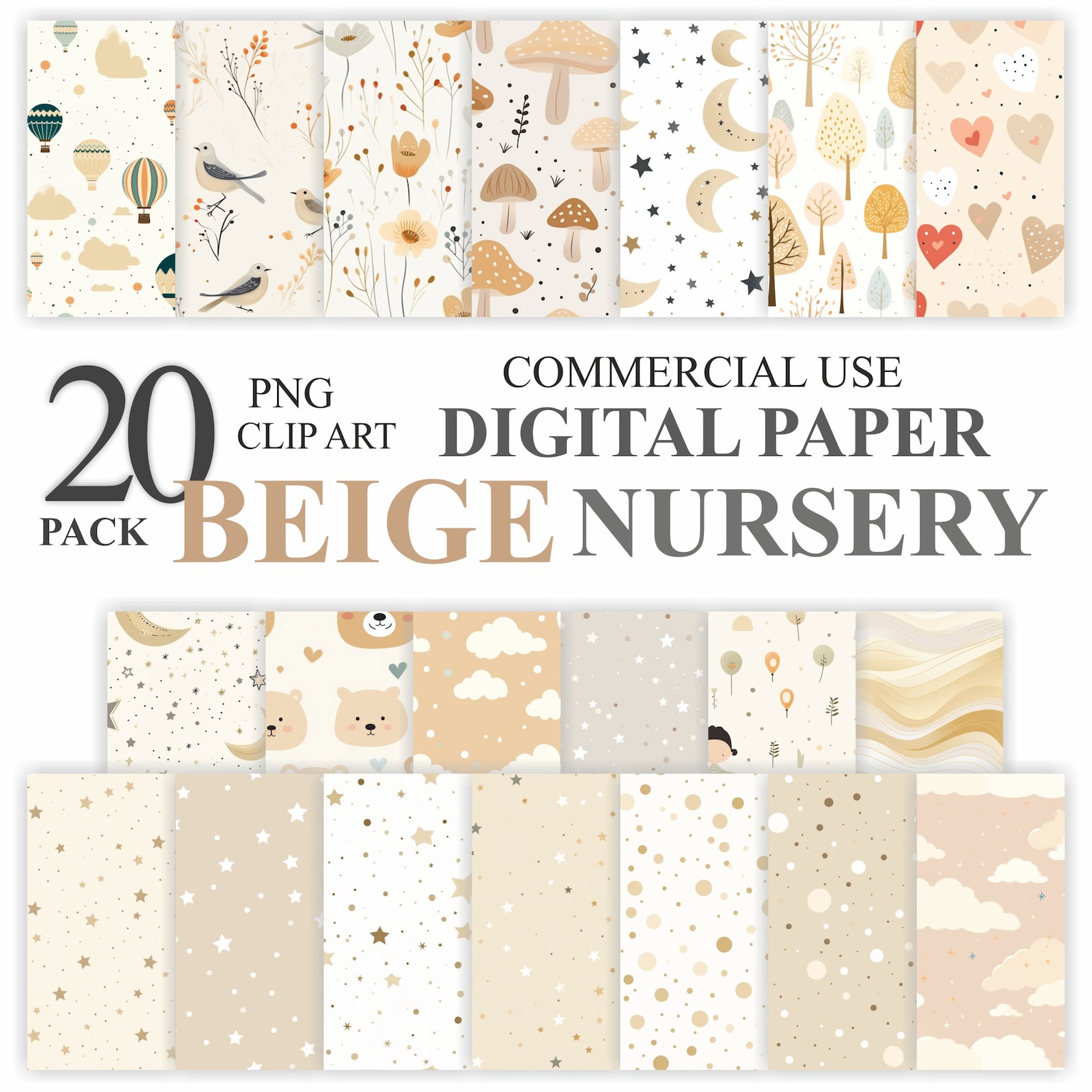 20 Beige Nursery Digital Paper Bundle Pack, Teddy Bear Seamless Pattern ...