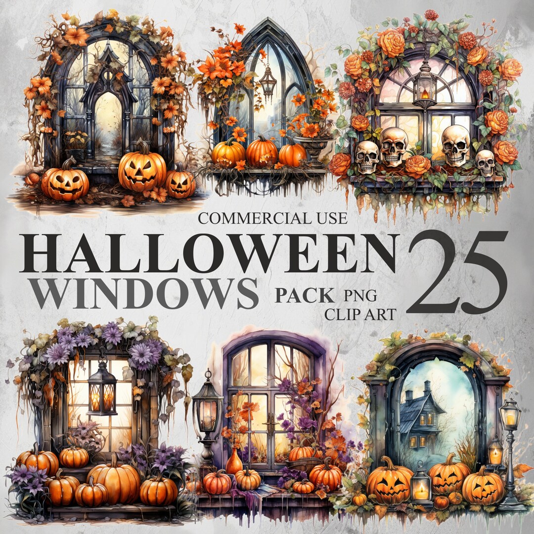 25 Halloween Windows Clipart, Watercolor Spooky Windows PNG Digital ...