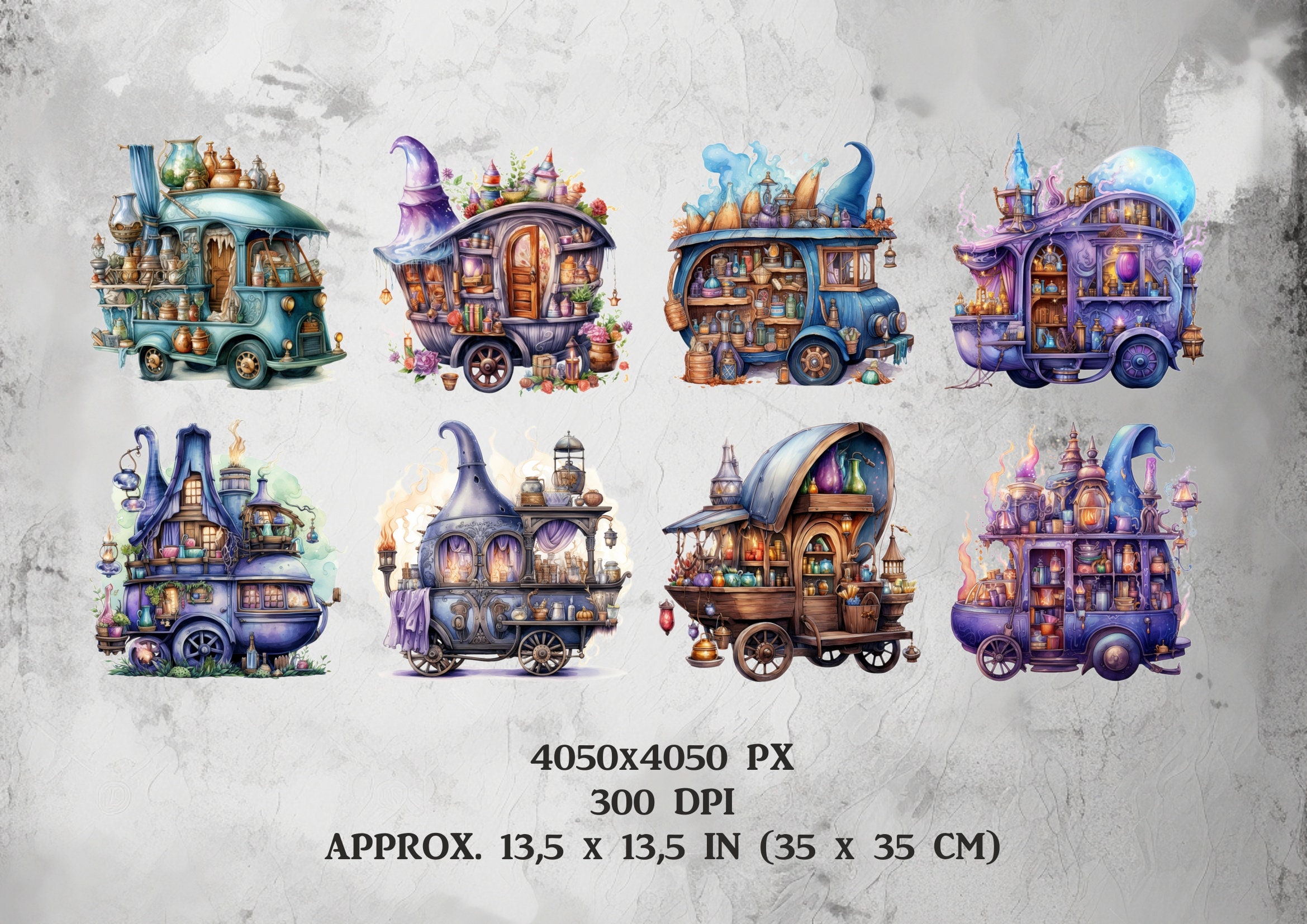 30 Magic Caravans Clipart, Watercolor Wizard House PNG Digital Clip Art, Fantasy Witch Clipart ...