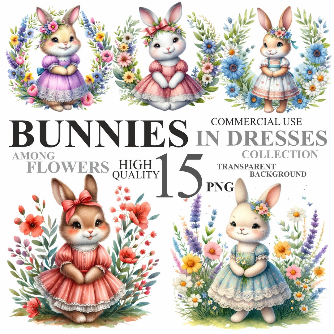 15 Cute Bunnies in Dresses Pack, Watercolor Spring Hares With Flowers ...