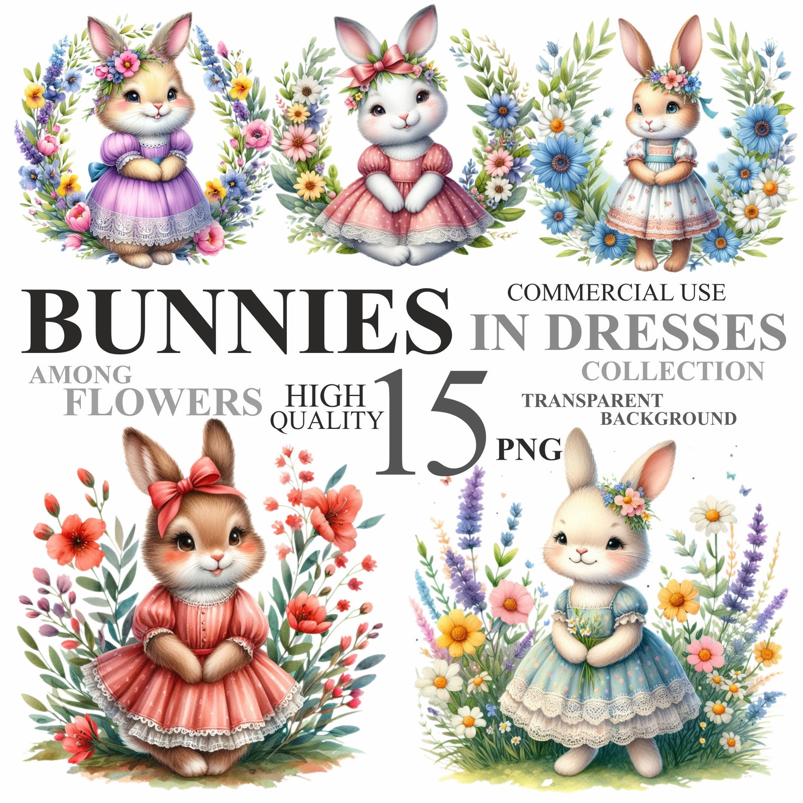 15 Cute Bunnies in Dresses Pack, Watercolor Spring Hares With Flowers ...