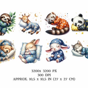 21 Watercolor Sleepy Animals Pack, Cute Nursery Sleeping Pet in Pajama ...