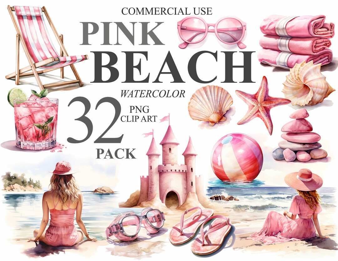 32 Pink Beach Clipart, Watercolor Summer Vacation PNG Digital Clip Art ...