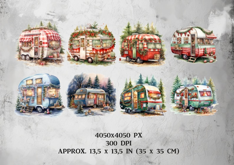 25 Christmas Campers Clipart, Watercolor Holiday Caravan PNG Digital ...