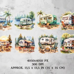 30 Adventure Campers Clipart, Watercolor Cute Caravan PNG Digital Clip ...