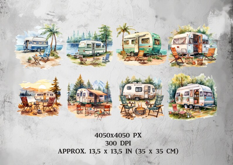 30 Adventure Campers Clipart, Watercolor Cute Caravan PNG Digital Clip ...