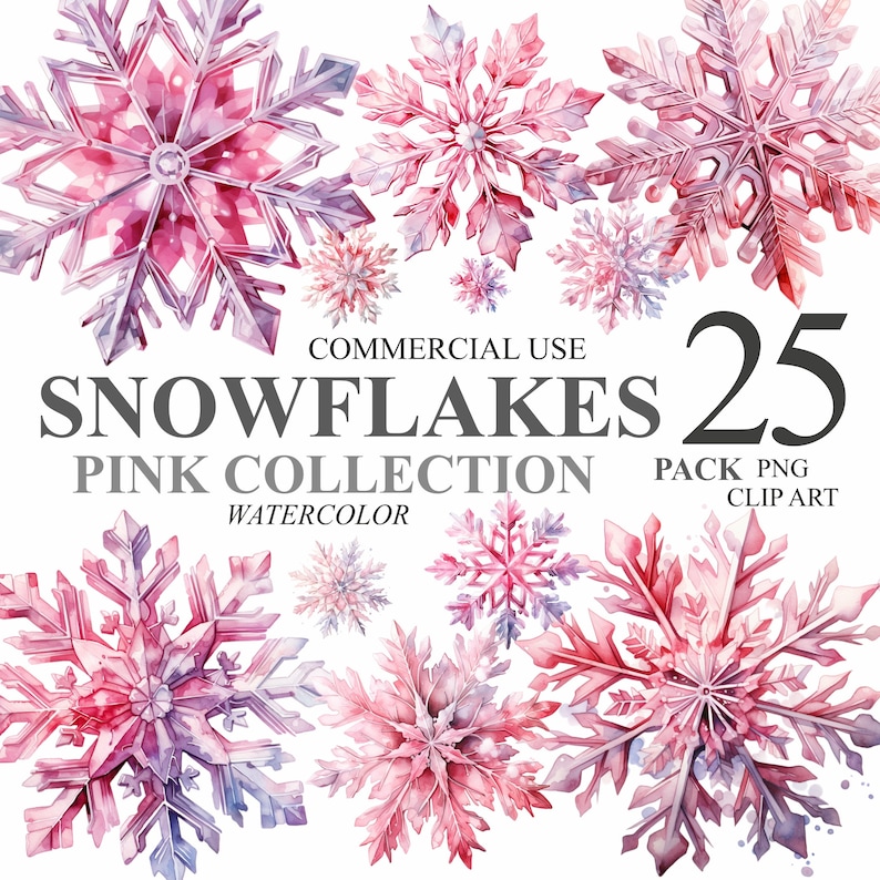 25 Pink Snowflakes Collection Winter Clipart, Christmas Watercolor PNG ...