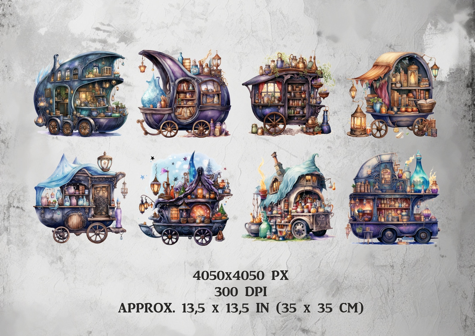 30 Magic Caravans Clipart, Watercolor Wizard House PNG Digital Clip Art ...