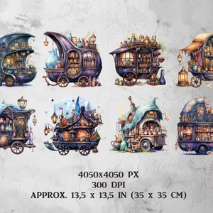 30 Magic Caravans Clipart, Watercolor Wizard House PNG Digital Clip Art ...