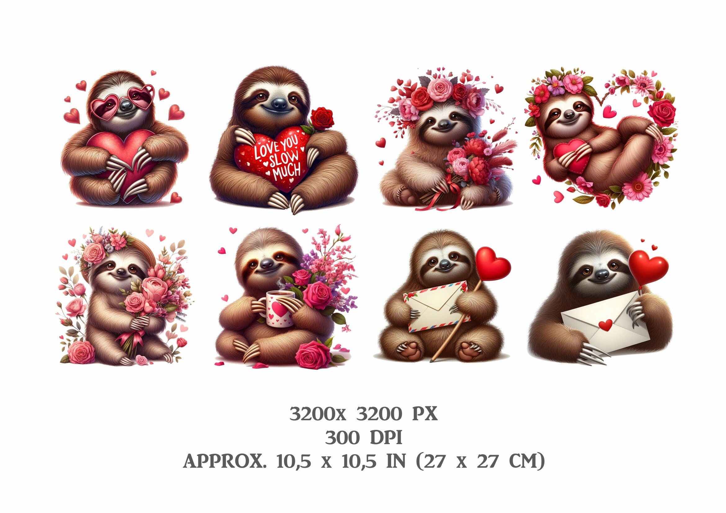 25 Watercolor Valentine Sloths Pack, February 14th Cute Animals Clip ...