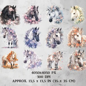 24 Horses With Flowers Clipart, Watercolor Wild Horse PNG Digital Clip ...