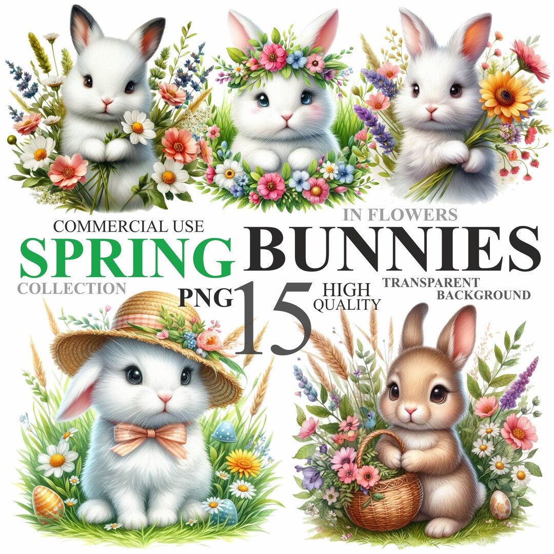 15 Watercolor Spring Bunny Pack, Cute Easter Rabbit With Flowers PNG ...
