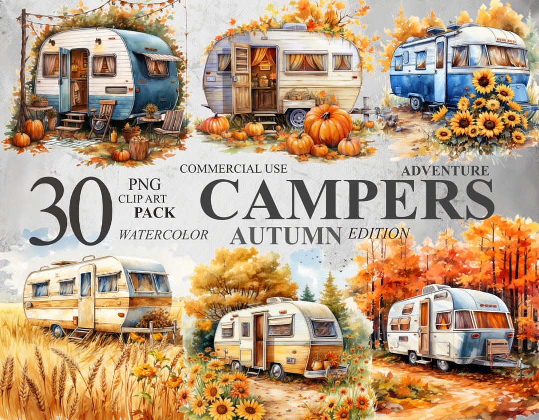30 Autumn Adventure Campers Clipart, Watercolor Fall Cute Caravan PNG ...
