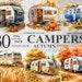 30 Autumn Adventure Campers Clipart, Watercolor Fall Cute Caravan PNG ...