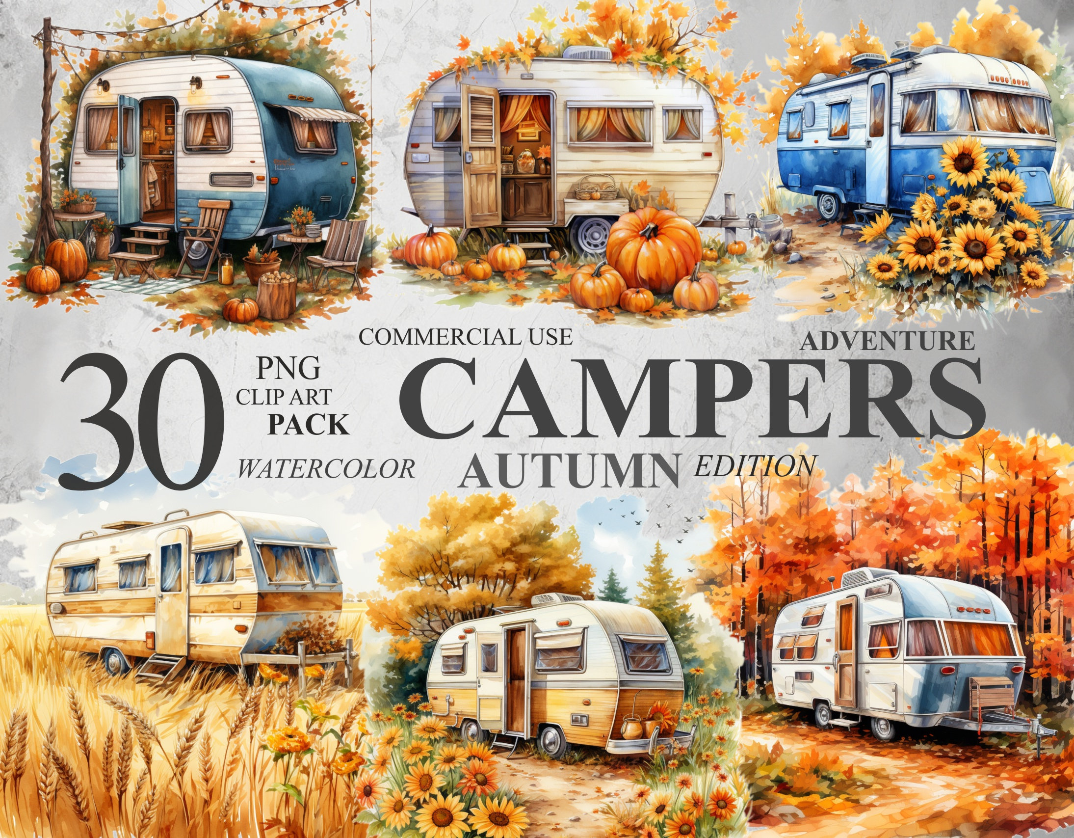 30 Autumn Adventure Campers Clipart, Watercolor Fall Cute Caravan PNG ...