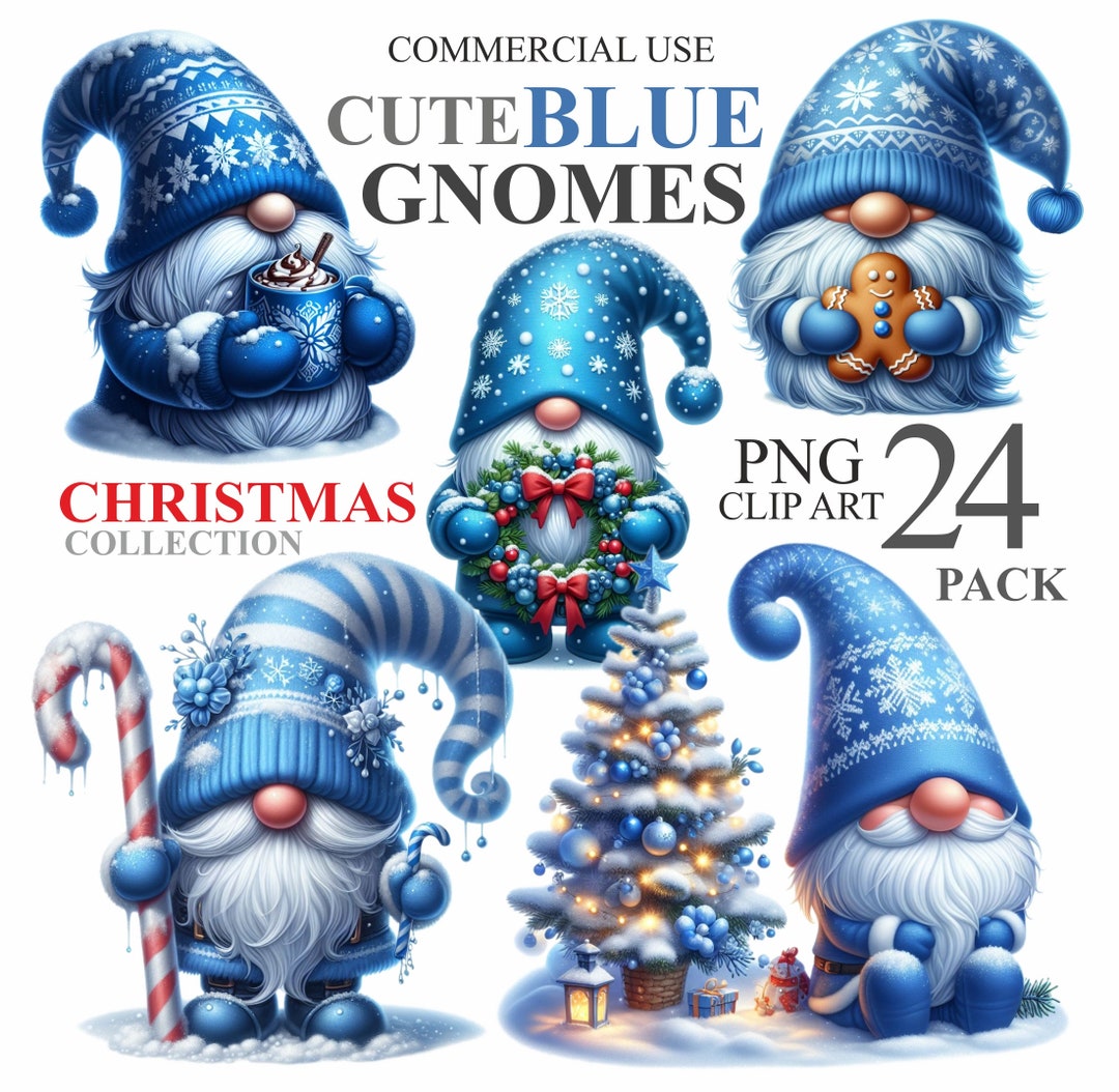 24 Christmas Cute Blue Gnomes Pack, Watercolor Festive Xmas PNG Art ...