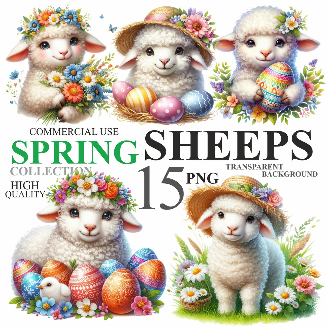 15 Watercolor Spring Sheep Pack, Cute Easter Lamb With Flowers PNG Clip ...