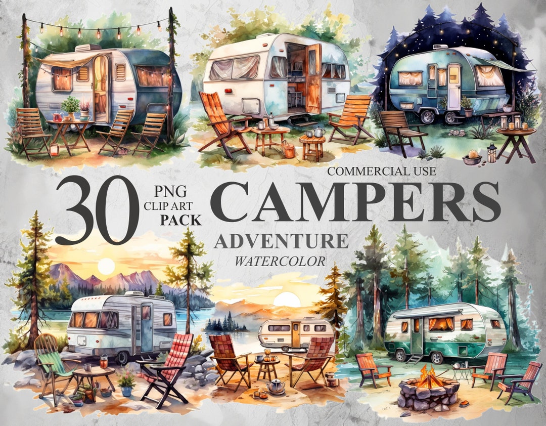 30 Adventure Campers Clipart, Watercolor Cute Caravan PNG Digital Clip ...