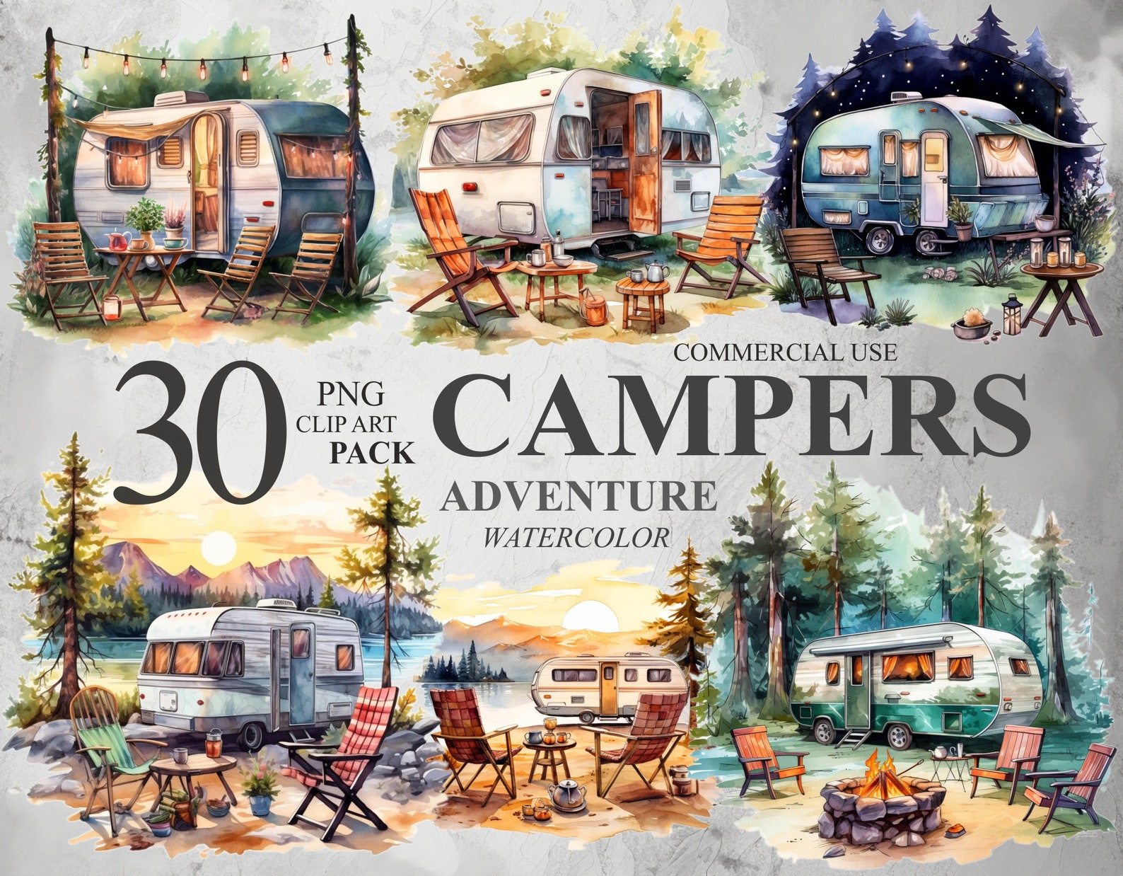 30 Adventure Campers Clipart, Watercolor Cute Caravan PNG Digital Clip ...