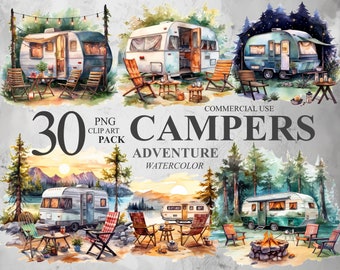 30 Autumn Adventure Campers Clipart, Watercolor Fall Cute Caravan PNG ...