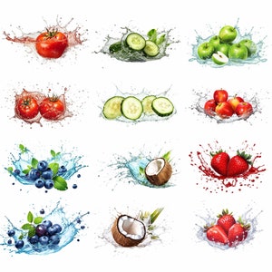 28 Fresh Summer Fruits Clipart, Fruit in Water Splash PNG Digital ...