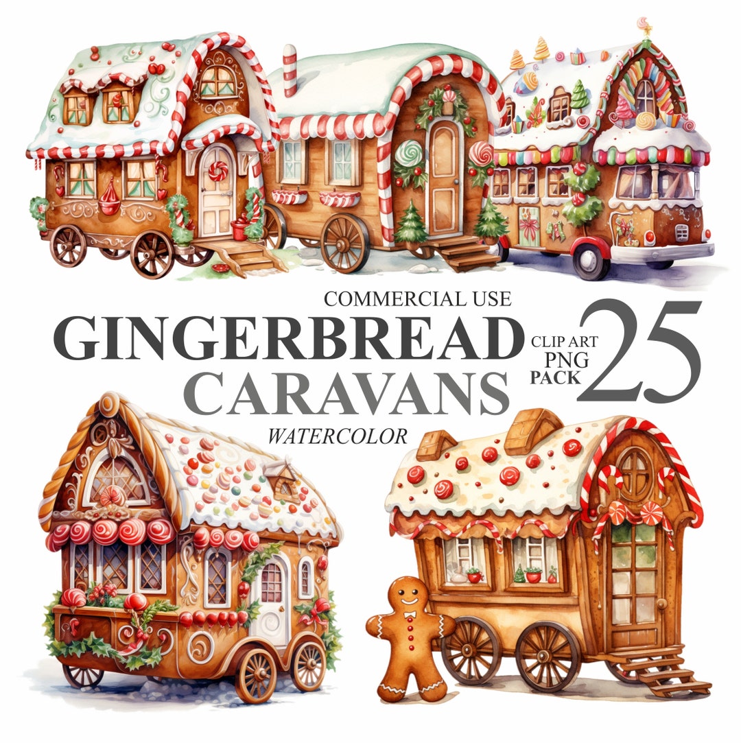 25 Gingerbread Caravan Clipart, Watercolor Xmas Holiday Campers PNG ...