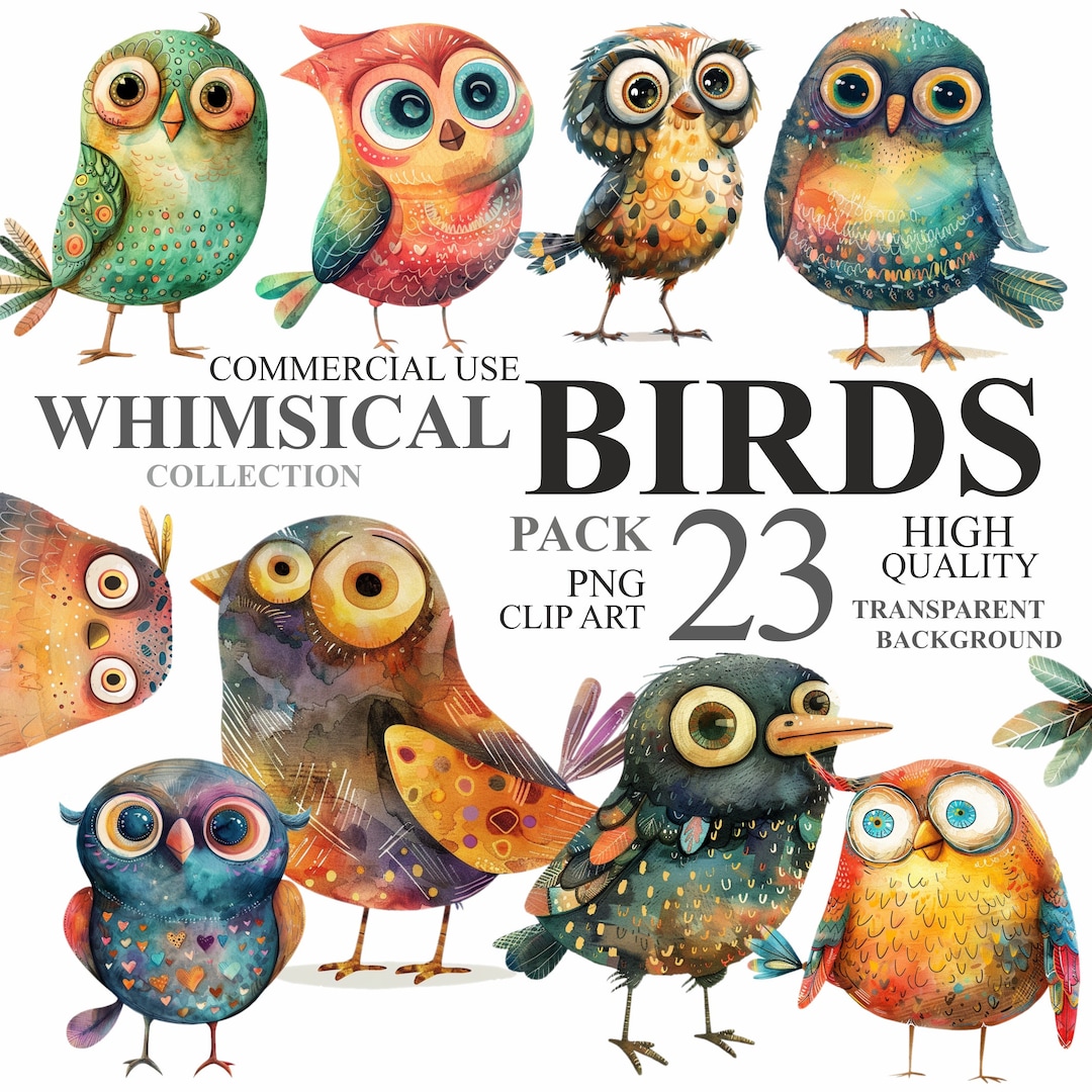 23 Whimsical Birds Clipart, Watercolor Funny Graphics PNG Digital Clip ...