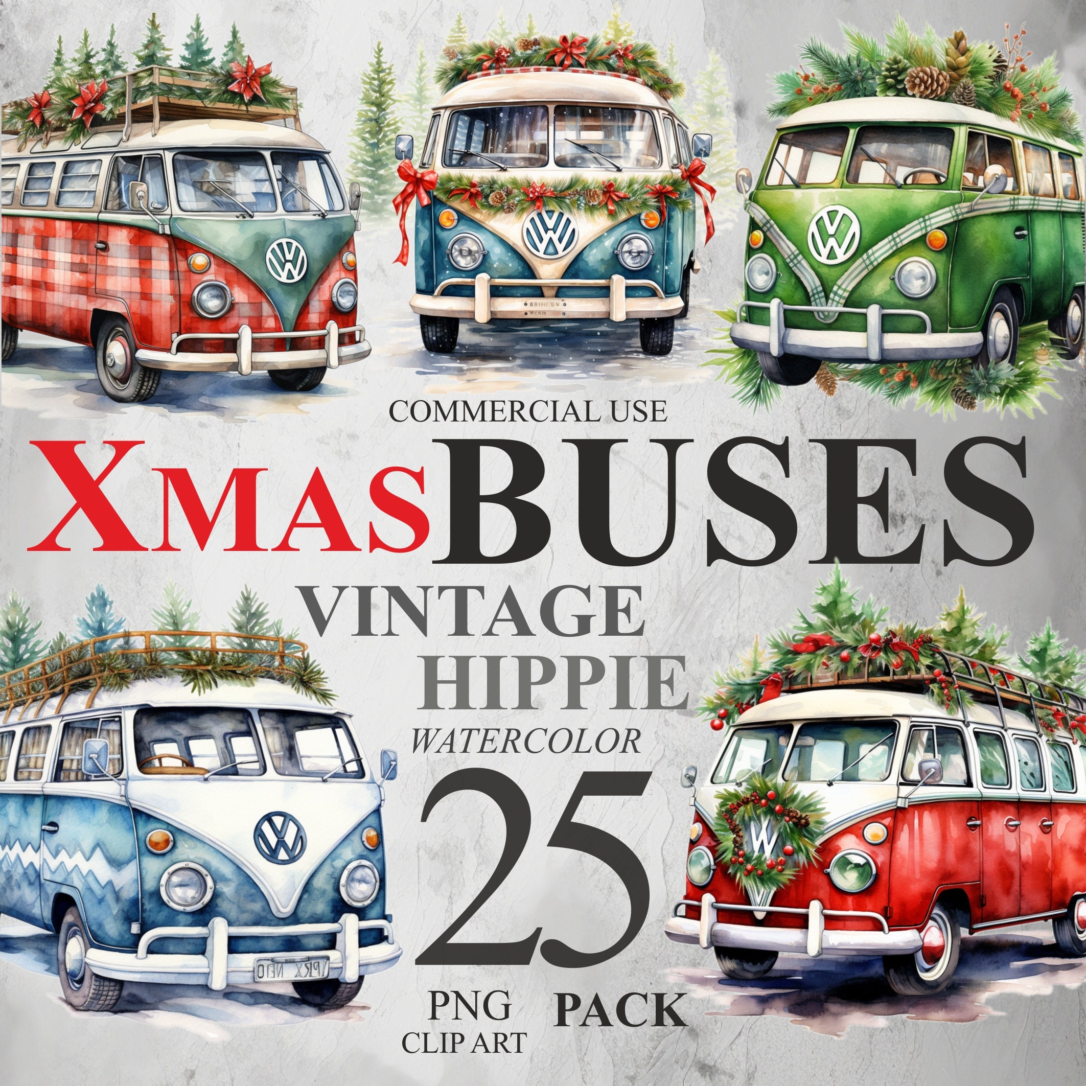 25 Xmas Vintage Hippie Buses Clipart, Watercolor Chrismtas VW Bus PNG ...