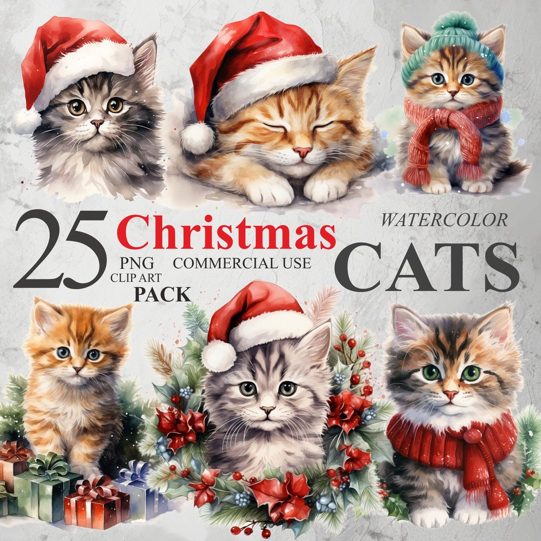25 Christmas Cats Clipart, Watercolor Cute Kittens PNG Digital Clip Art ...