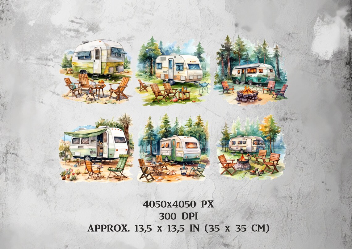 30 Adventure Campers Clipart, Watercolor Cute Caravan PNG Digital Clip ...
