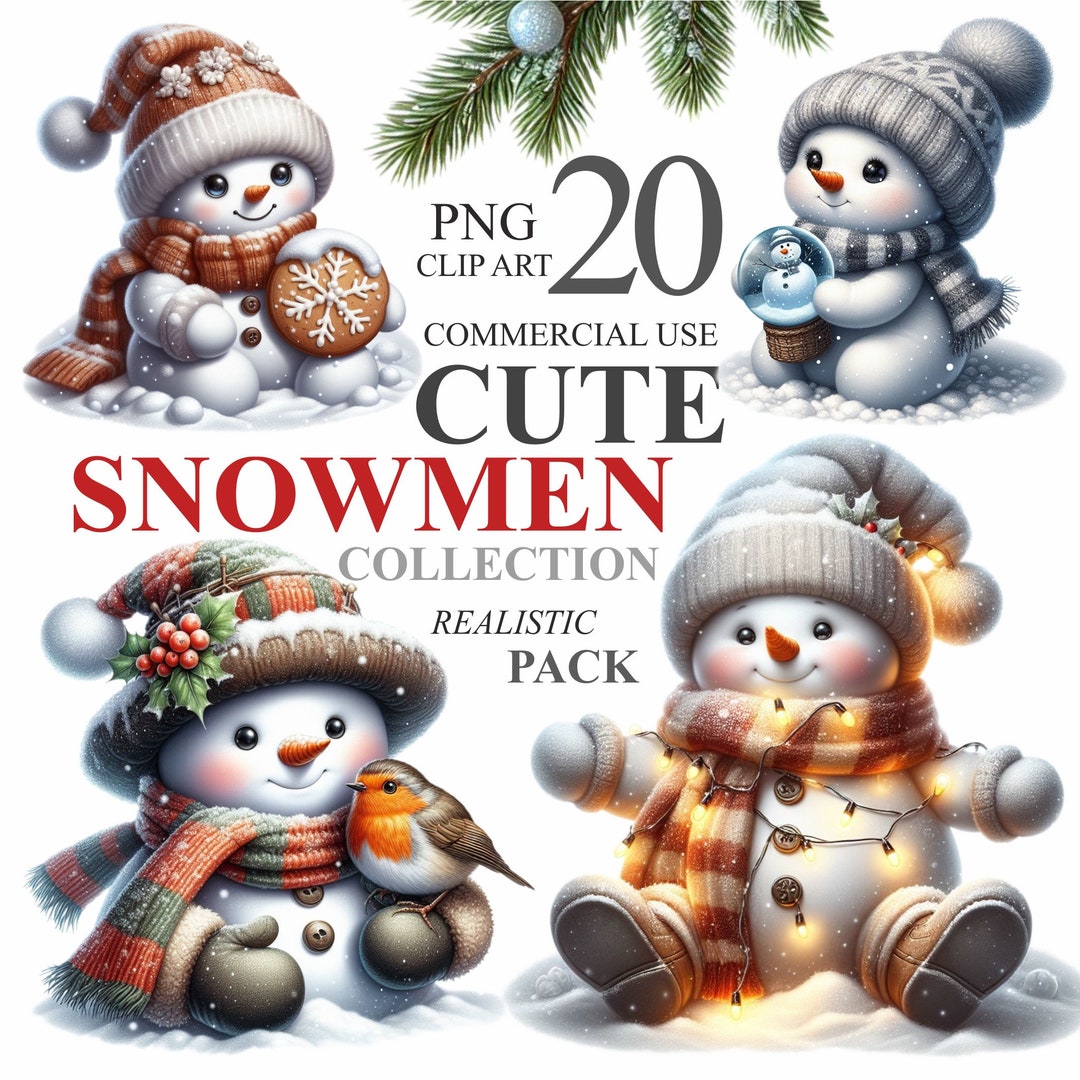 20 Christmas Cute Snowmen Pack, Realistic Festive Snowman PNG Art, Xmas ...