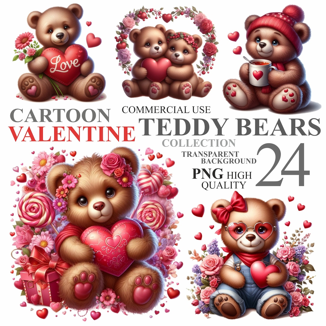 24 Watercolor Love Teddy Bears Pack, February 14th Cute Animals Clip ...