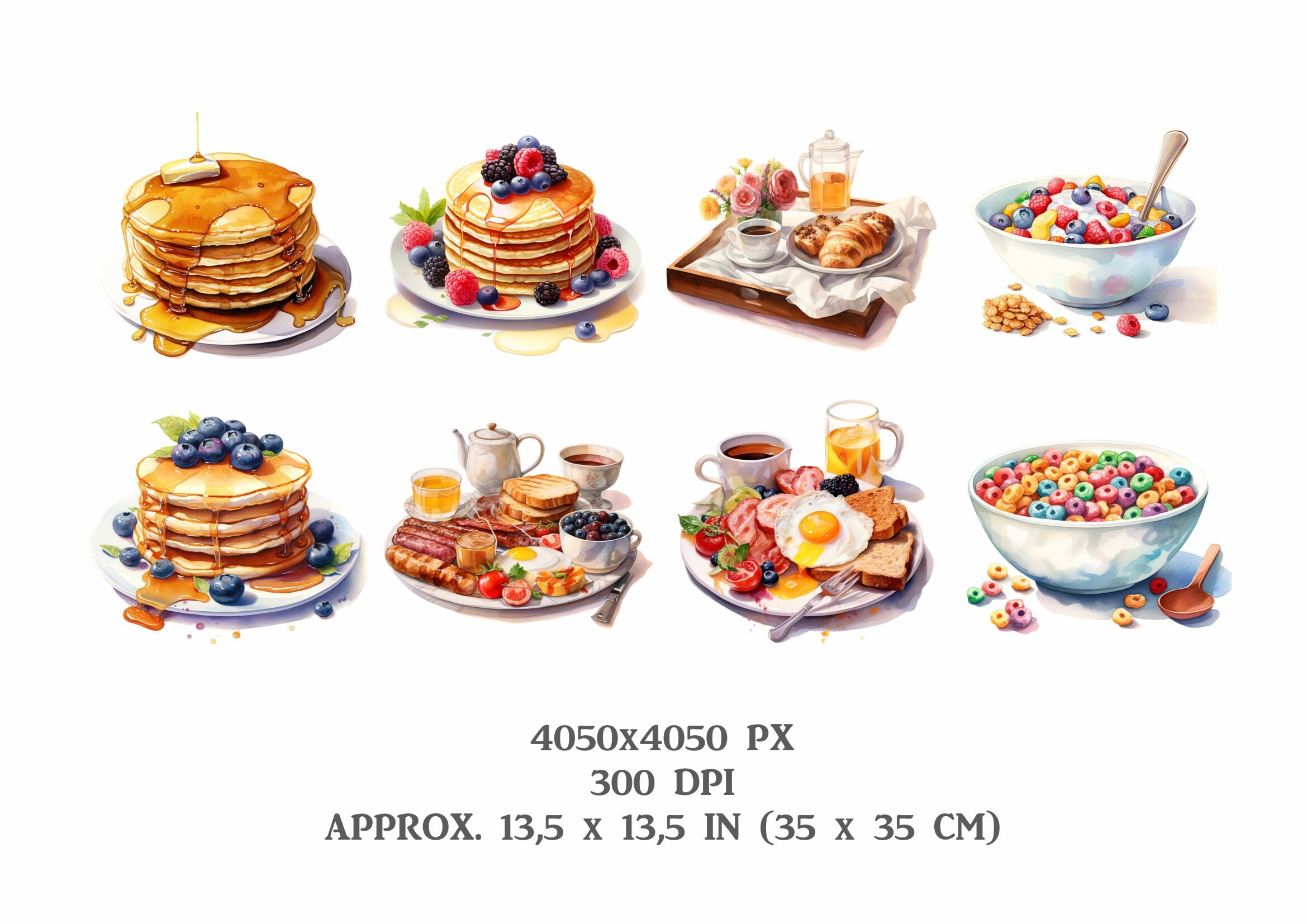 32 Tasty Breakfast Clipart, Watercolor Morning Food PNG Digital Clip ...