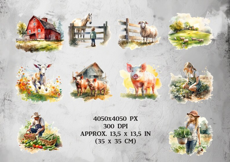 26 Farm Life Clipart, Cute Watercolor Farm Animals PNG Digital Clip Art ...