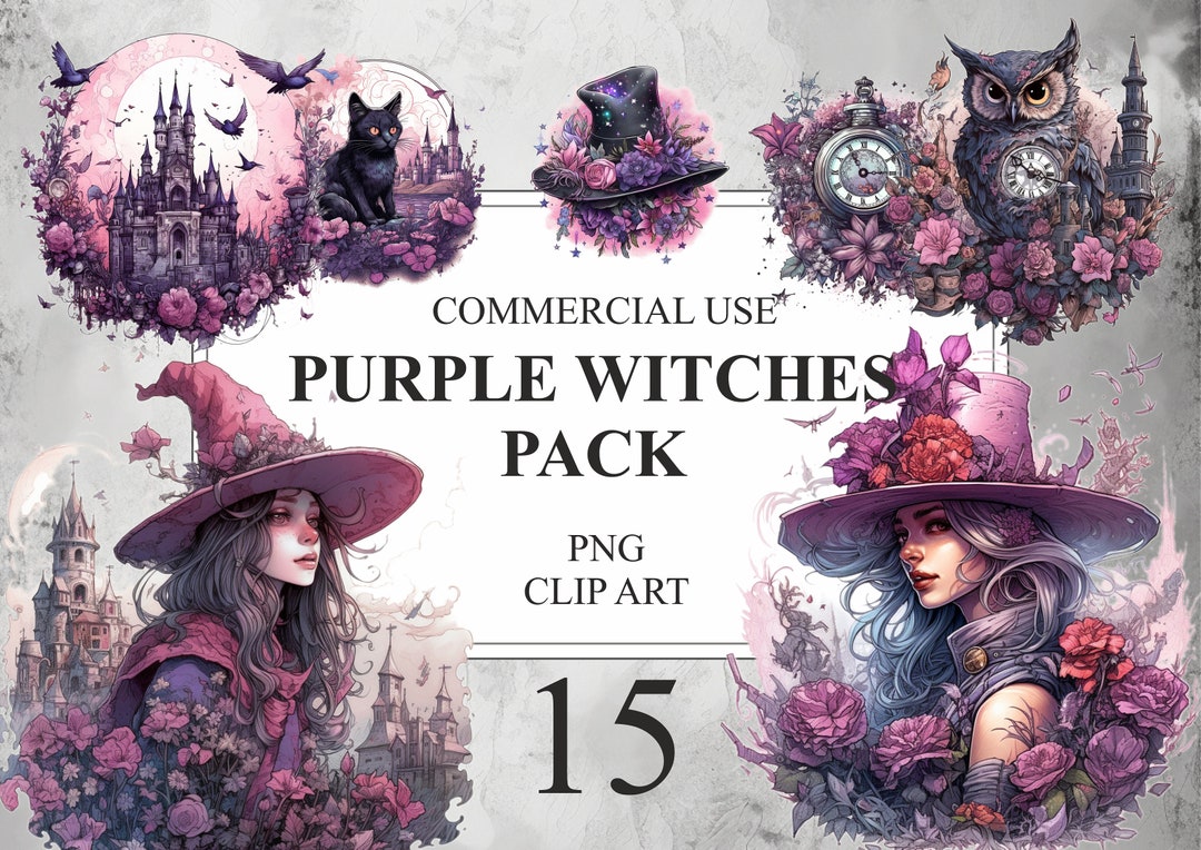 Watercolour Purple Witches Pack, 15 Watercolor Magic Enchantress PNG ...