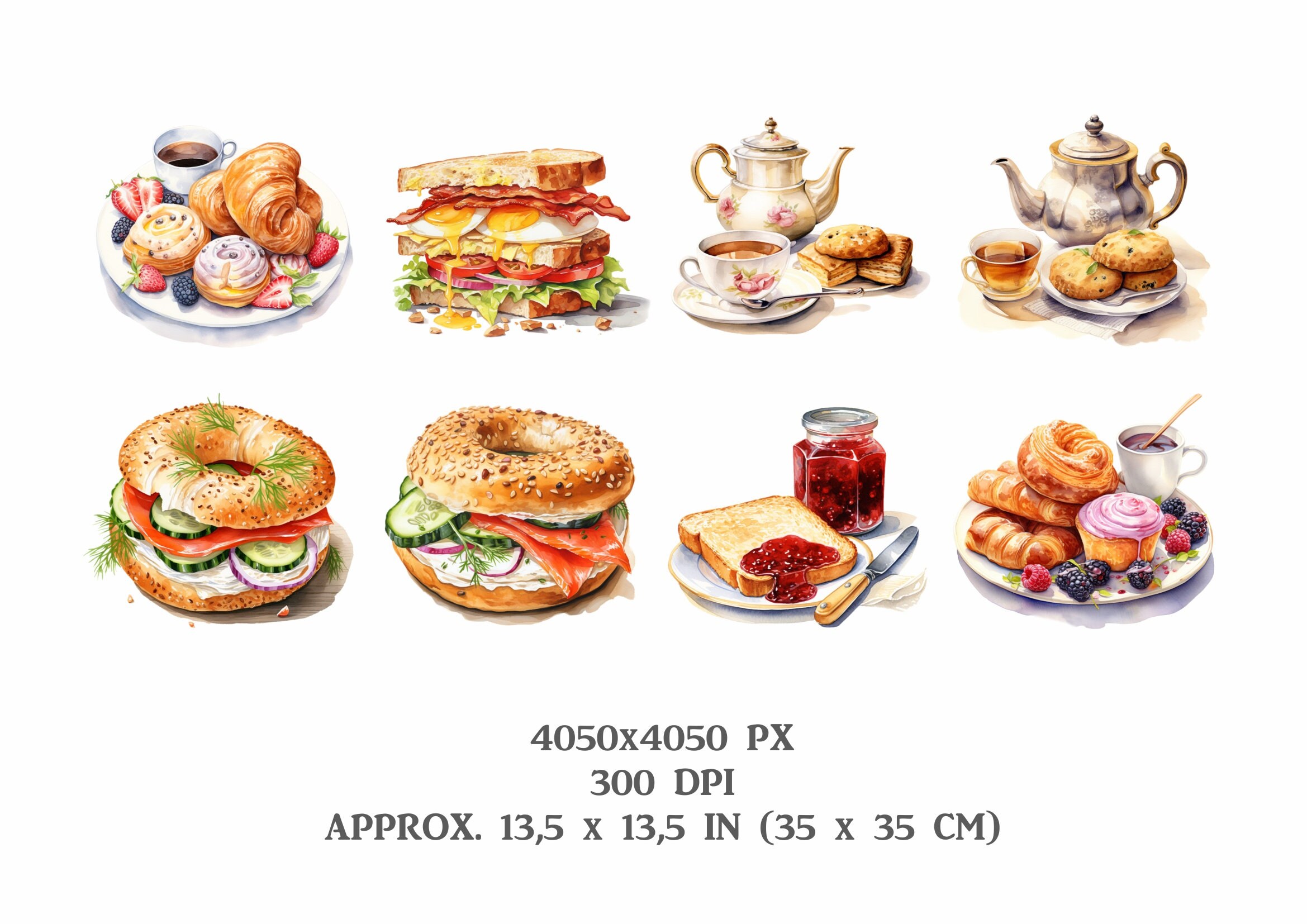 32 Tasty Breakfast Clipart, Watercolor Morning Food PNG Digital Clip ...