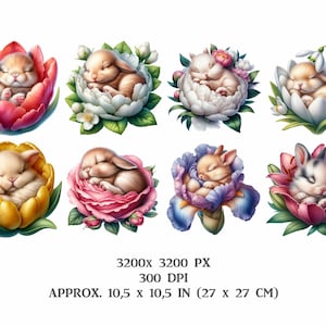 20 Watercolor Bunnies in Flowers Pack, Cute Easter Floral Rabbit PNG ...
