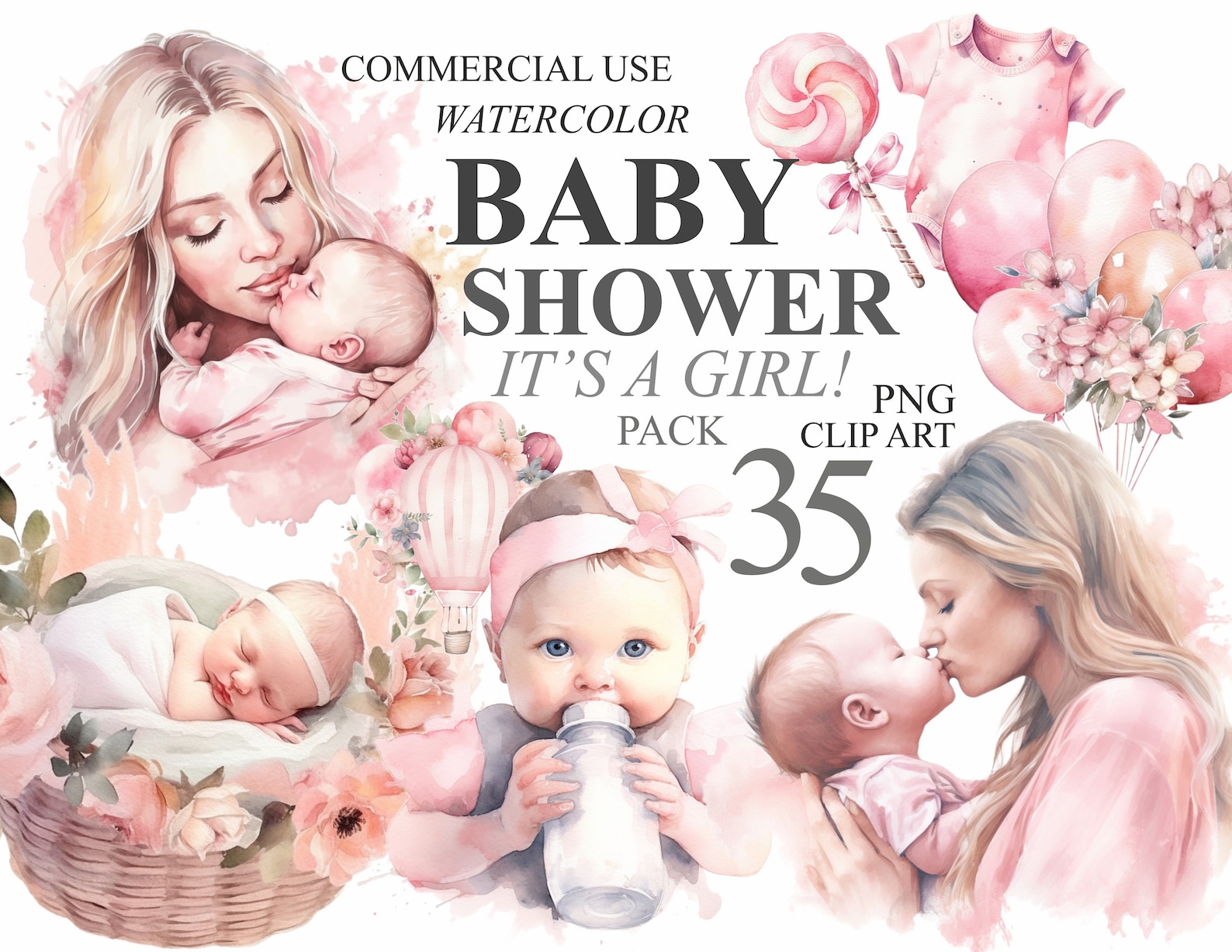 35 Watercolor Baby Shower Clipart Baby Girl Bundle Digital Clip Art ...